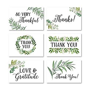 24 Greenery Foliage Thank You Cards With Envelopes, Simple Note For Adult Funeral Sympathy or Gift Gratitude Supplies For Grad, Birthday, Baby or Watercolor Bridal Wedding Shower For Boy or Girl Kid
