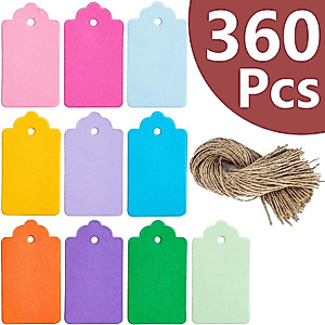 PH PERKHOMY 360 Pcs Gift Tags with String, 10 Colors Blank Kraft Paper Price Tags Gift Bag Hanging Tags for Labeling Presents Crafts Wedding Christmas Halloween