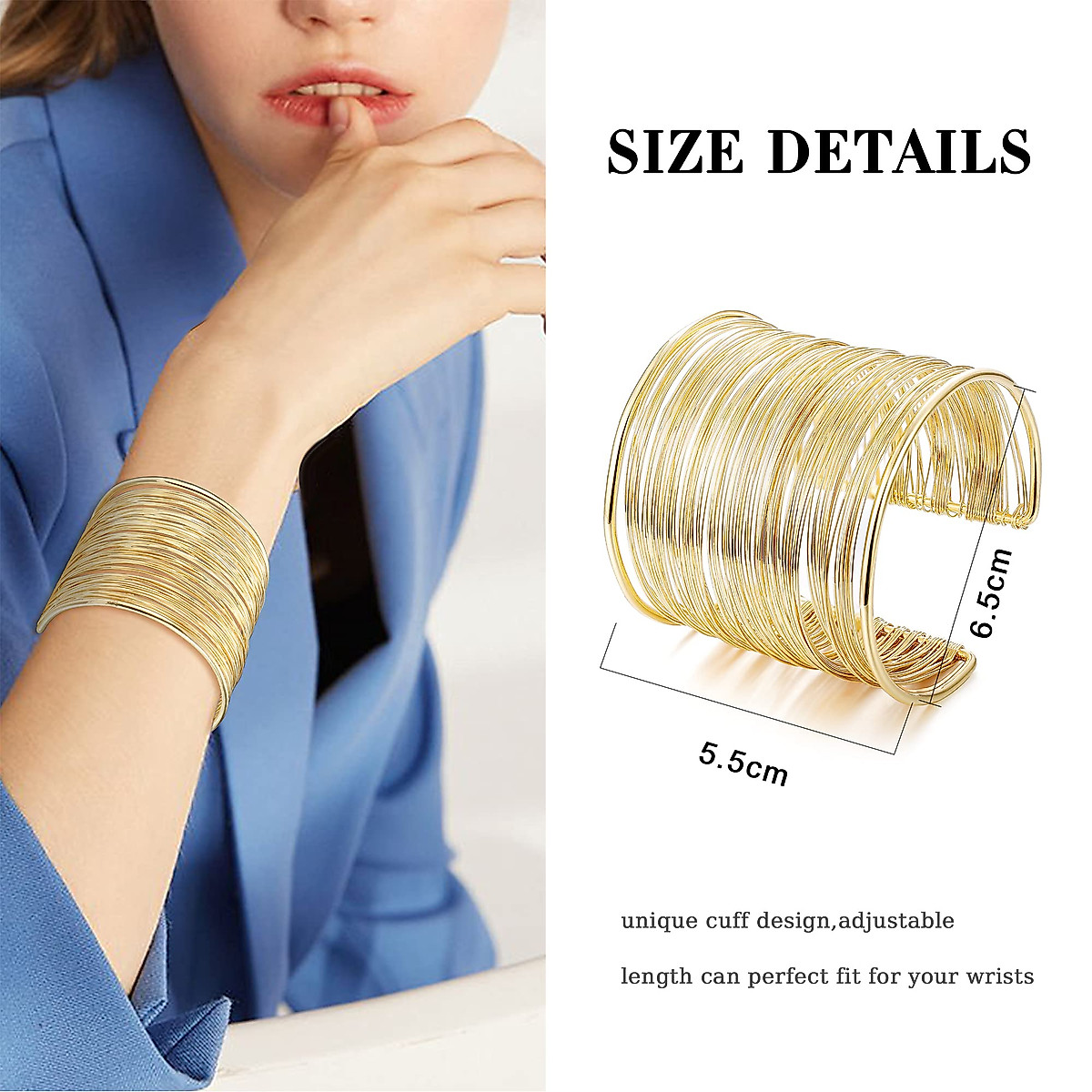 JOERICA 4PCS Gold Cuff Bracelets for Women Open Cuff Wide Wire Bracelets Adjustable Wrist Wrap Bracelet Set