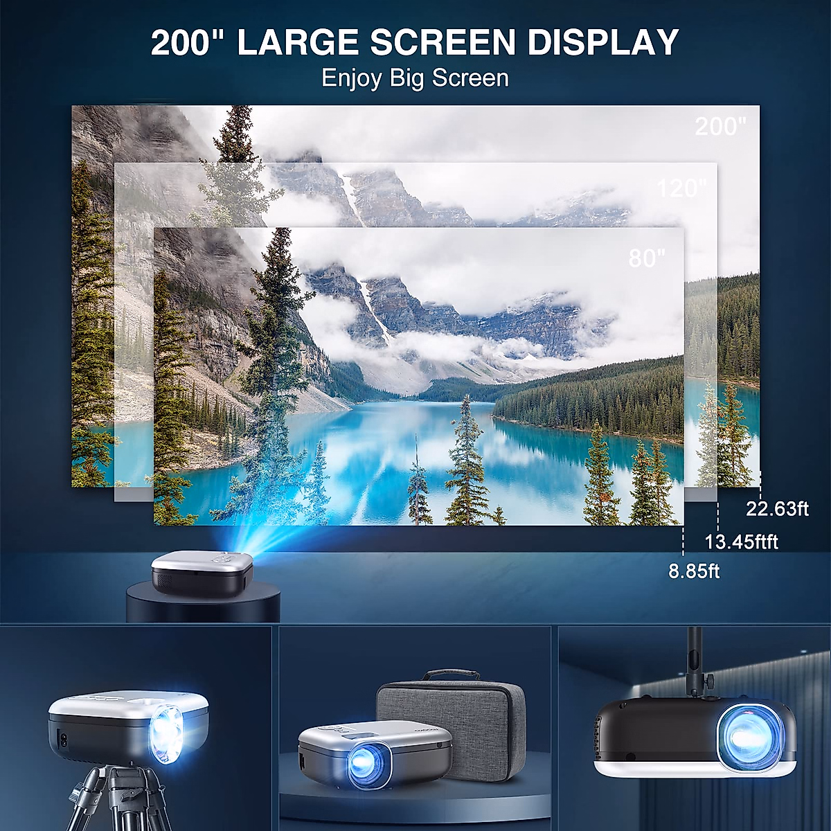 Outdoor Projector with WiFi, 1080P Full HD Supported Portable Projector 8000L Movie Projector Home Theater Compatible with TV Stick HDMI USB AV Smartphone Laptops