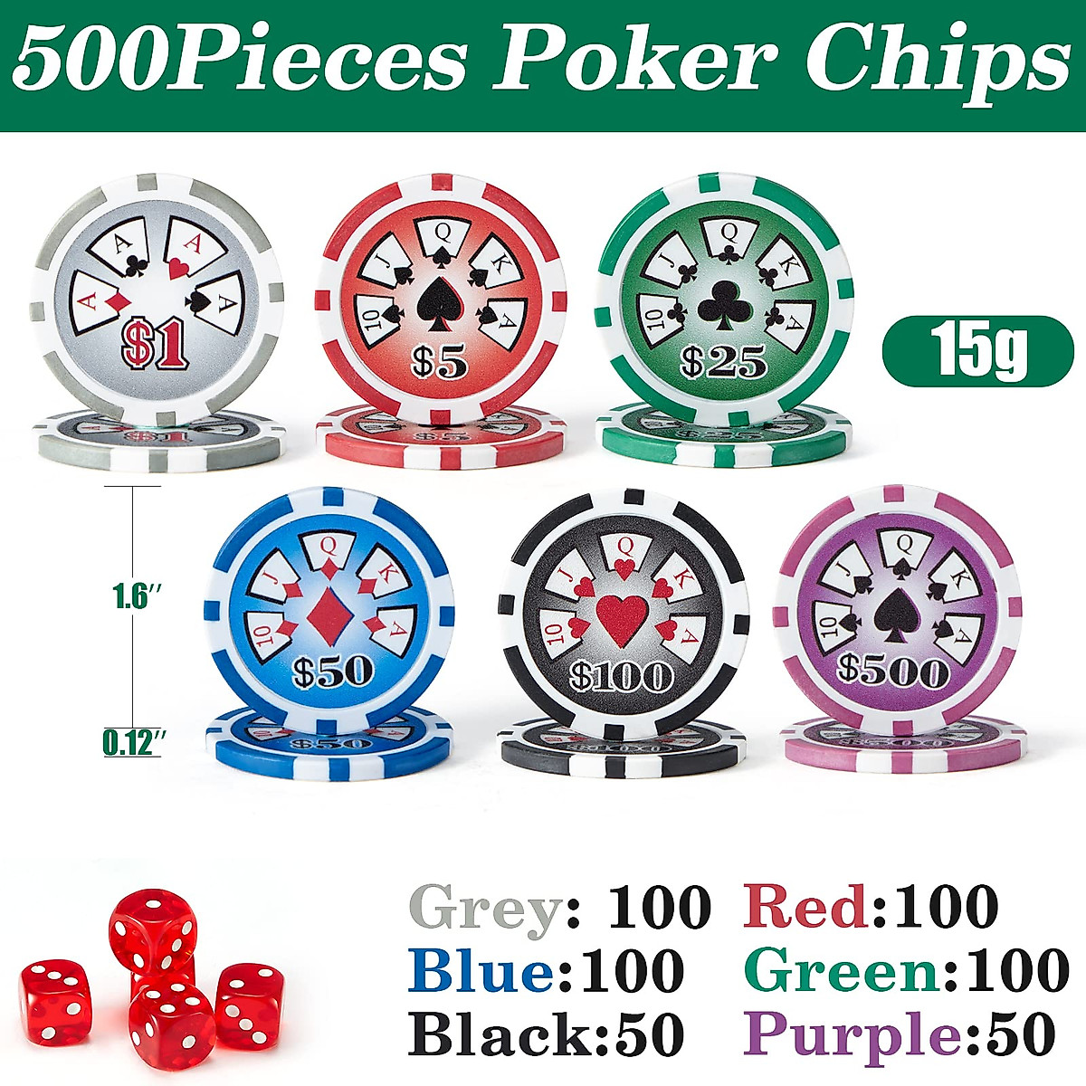 ECOTOUGE Poker Chip Set 500 with Case, Poker Set with 11.5 Gram Chips, Cards, Dices, Buttons and Aluminum Case for Texas Holdem Blackjack Gambling, Home Game with Family and Friends, White