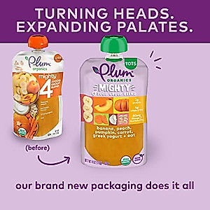 Plum Organics Mighty 4 Organic Toddler Food - Banana, Peach, Pumpkin, Carrot, Greek Yogurt, and Oat - 4 oz Pouch (Pack of 6) - Organic Fruit and Vegetable Toddler Food Pouch