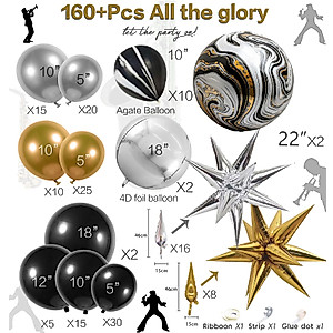Black and Gold Silver Balloon garland arch kit 135Pcs With Starburst 4D agate balloons for Birthday 2025 new year eve graduation retirement Party Decorations