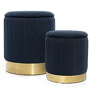 INSPI DECOR Ottoman with Storage, Round Storage Ottoman, Blue Ottoman with Storage for Living Room, Storage Ottoman for Bedroom, Gold Ottoman with Storage, Set of 2