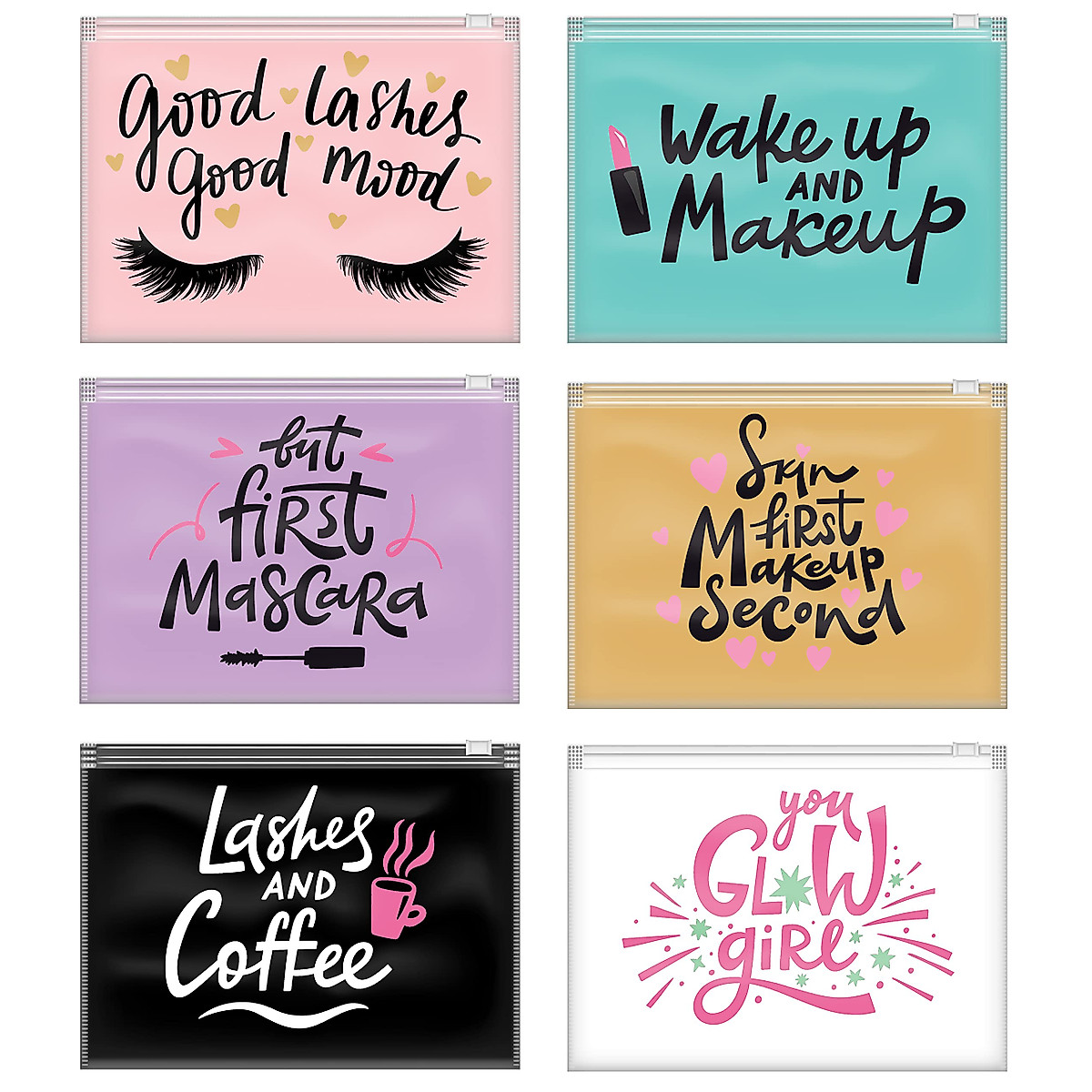 BRAWNA 60 PCK Makeup Bags Bulk - Zip Lock Plastic Cute Cosmetic Pouch - Makeup Travel Case for Lipstick, Lip Gloss, Makeup Brushes Set Kit Storage- Size 6x8 In