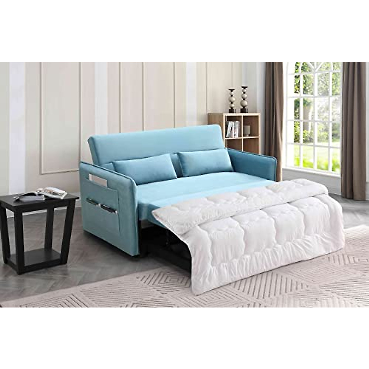 Cotoala Modern Velvet Convertible Loveseat Sleeper Sofa with Adjustable Pull Out Bed w/Arms & Two Side Pockets, Two Lumbar Pillows, 2 Seat Couch Living Room and Apartment, Blue