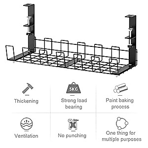 Cable Management Under Desk Tray, 15.35'' No Drill Iron Desk Wire Organizers, Wire Management Tray Cable Management Rack, Desk Cable Tray Desk Cord Organizer with Clamp Mount System and Screws
