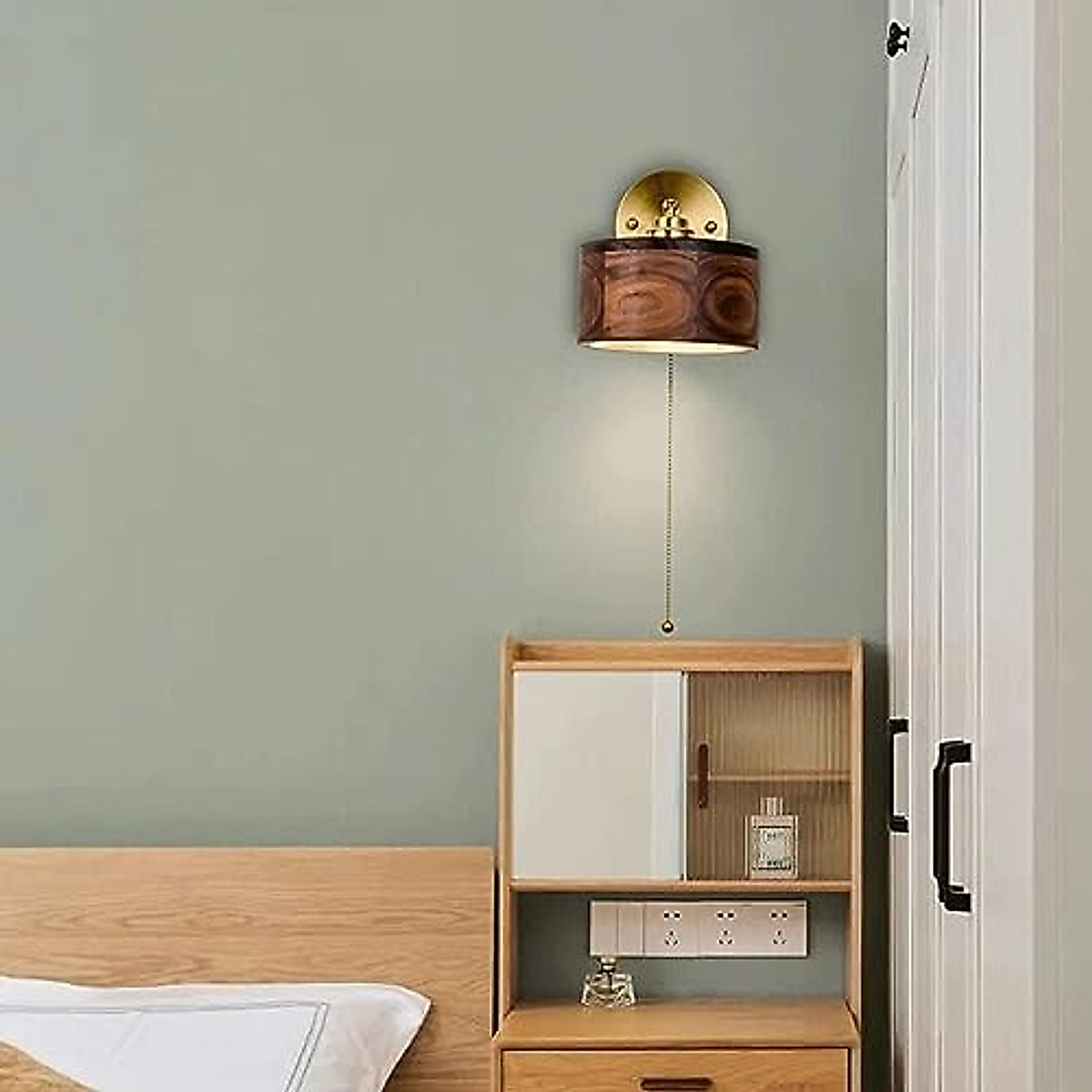 VUCICA Modern Simple Wall Lamp Adjustable Bedside Wall Sconce Walnut Wall Light with Pull Cord Switch E27 Lighting Fixture for Living Room Study Office Homestay