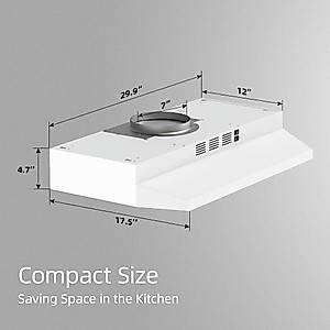 SNDOAS 30 inch Under Cabinet Range Hood, Ducted/Ductless Convertible Kitchen Hood, Stainless Steel Vent Hood with LED Light,Under Cabinet Hood with 2 Speed Exhaust Fan,White