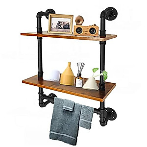 Industrial Pipe Shelving,Iron Pipe Shelves Industrial Bathroom Shelves with Towel bar,20 in Rustic Metal Pipe Floating Shelves Pipe Wall Shelf,2 Tier Industrial Shelf Wall Mounted