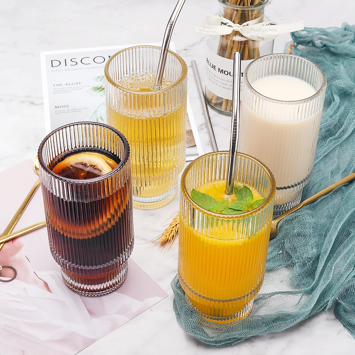 QUMMFA 10 Pack Ribbed Drinking Glasses, 11oz Glass Cups Set, Beer Glasses, Iced Coffee Glasses, Coffee Bar Accessories, Glass Tumbler for Water, Juice, Cocktail, Smoothies, Vintage Glassware