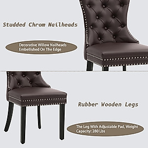 KCC Faux Leather Dining Chairs Set of 4, Upholstered High-end Tufted Dining Room Chair with Nailhead Back Ring Pull Trim Solid Wood Legs, Contemporary Nikki Collection Modern Style for Kitchen, Brown
