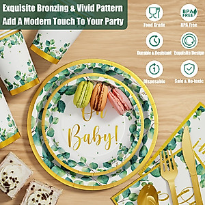 Ecomore Sage Greenery Baby Shower Party Supplies - 175 PCS Boho Neutral Disposable Dinnerware Set (25 Guest) with OH Baby Paper Plates Napkins Cup Plastic Fork Knives Spoon for Boy Girl Birthday Party