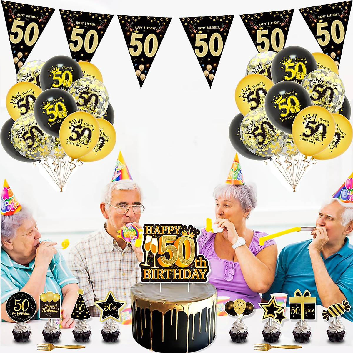 Augweyang 50th Birthday Party Decorations Supplies Tableware Set for Men Women Including 16 Plates 20 Napkins 1 Tablecloth 1 Banner 16 Forks 15 Balloons 16 Cupcake Toppers Serve 16