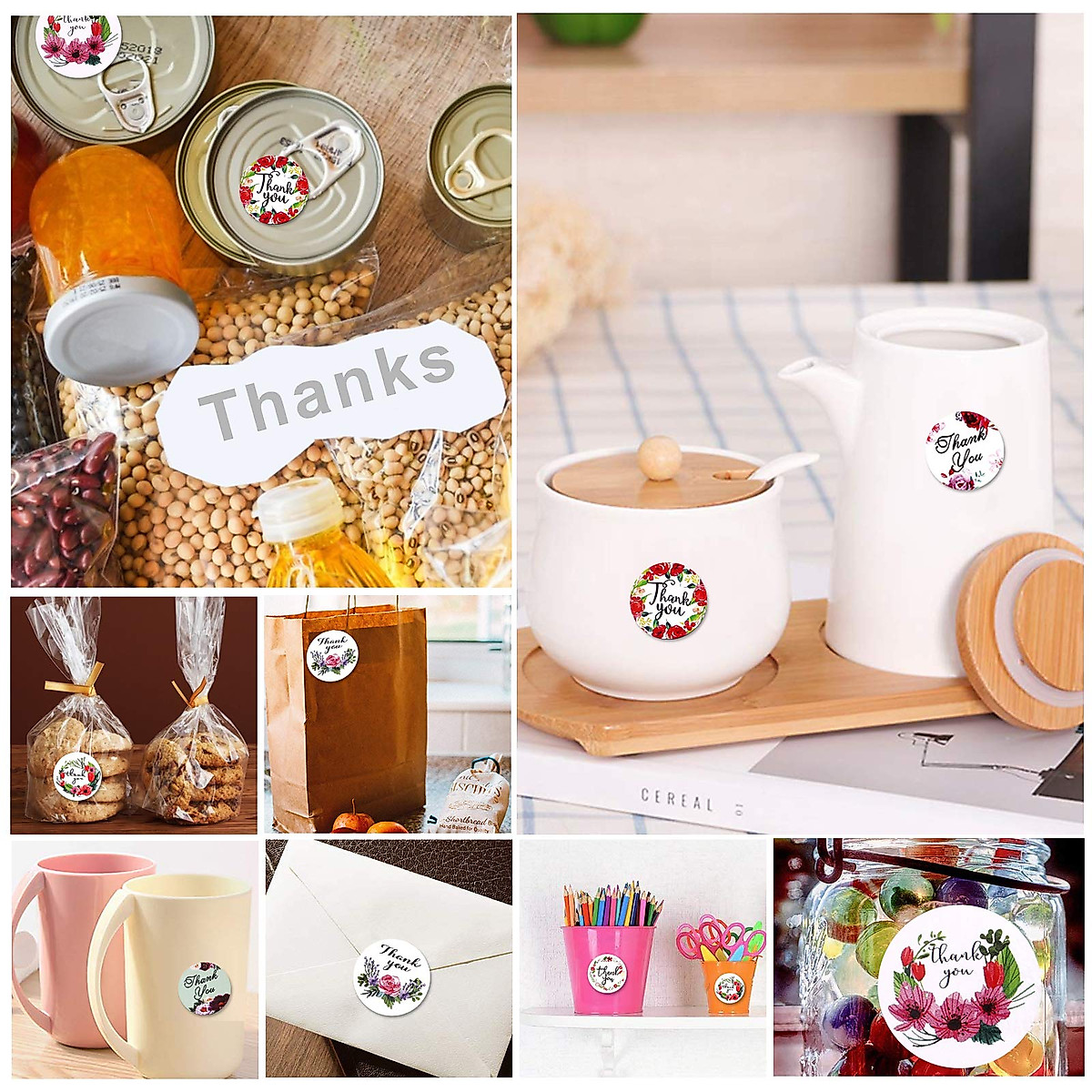 800 Pcs Round Floral Thank You Stickers Roll, 8 Different Design, 1 Inch Thank You for Your Business Stickers for Wedding, Bakeries, Handmade Goods, Small Business Owners, Party