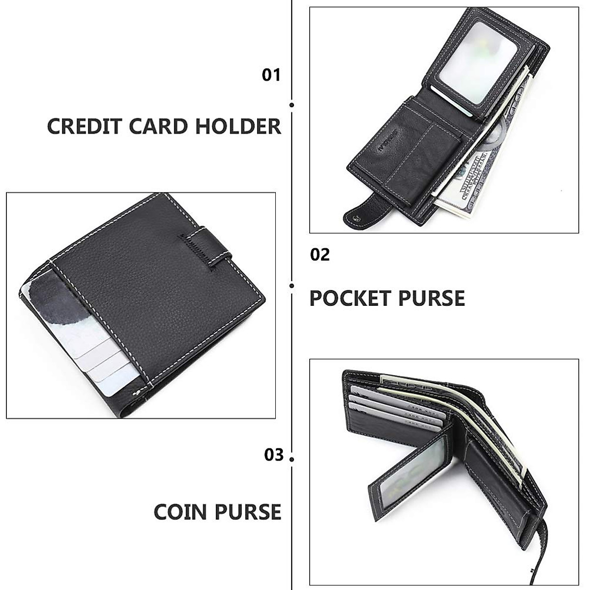 Amosfun Button Wallets for Men snap Wallet with Zipper Coin Pocket Mens Leather- Mens Wallet Buckle Stitching Wallet Coin- Purse Storage Bag (Black)