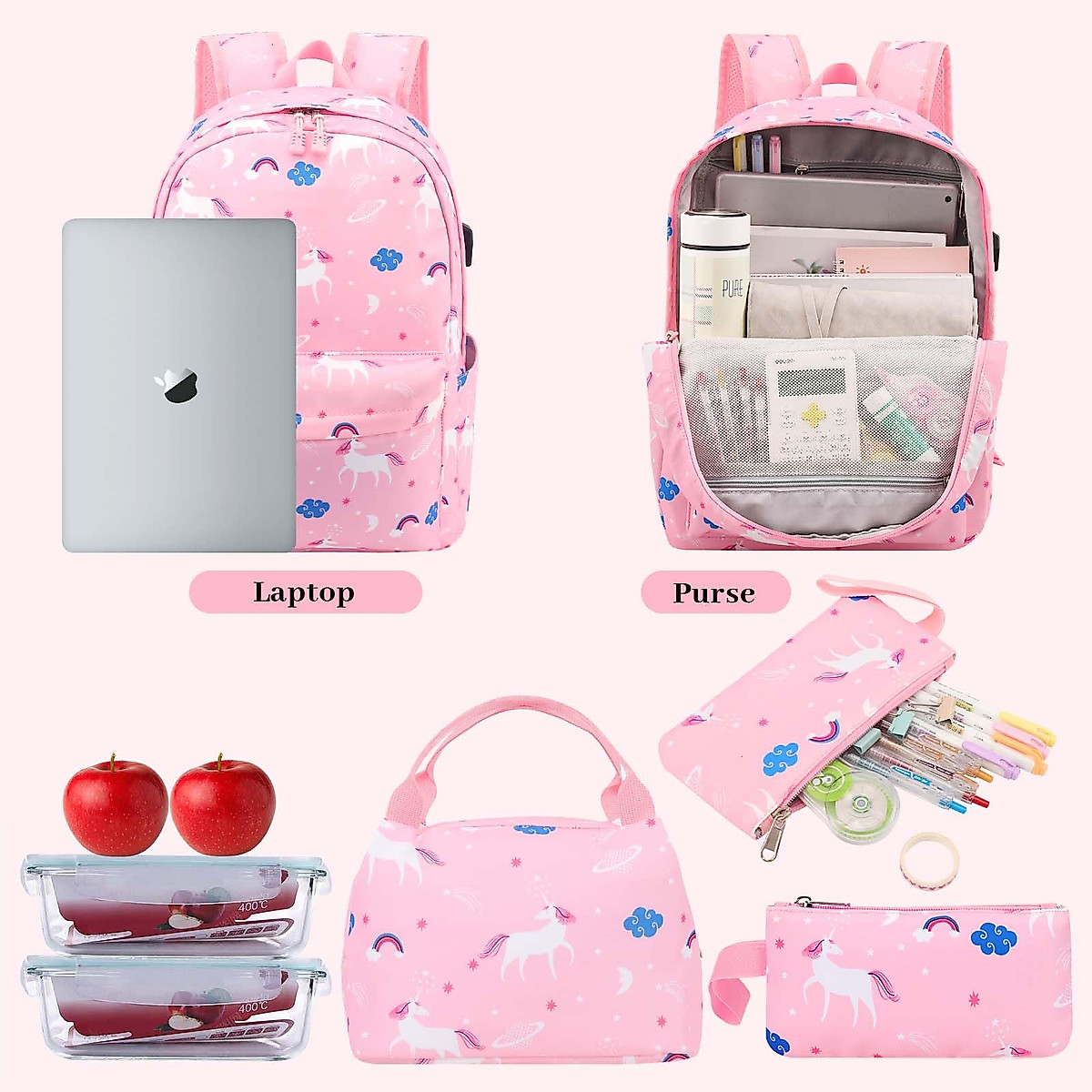 SCIONE Cute School Backpack for Girls, Teens School Bag with USB Charging Port Water-Resistant Pink Canvas Bookbag, Preschool Daypack Elementary BackBag, Back to Shool Supplies Gifts for Kids