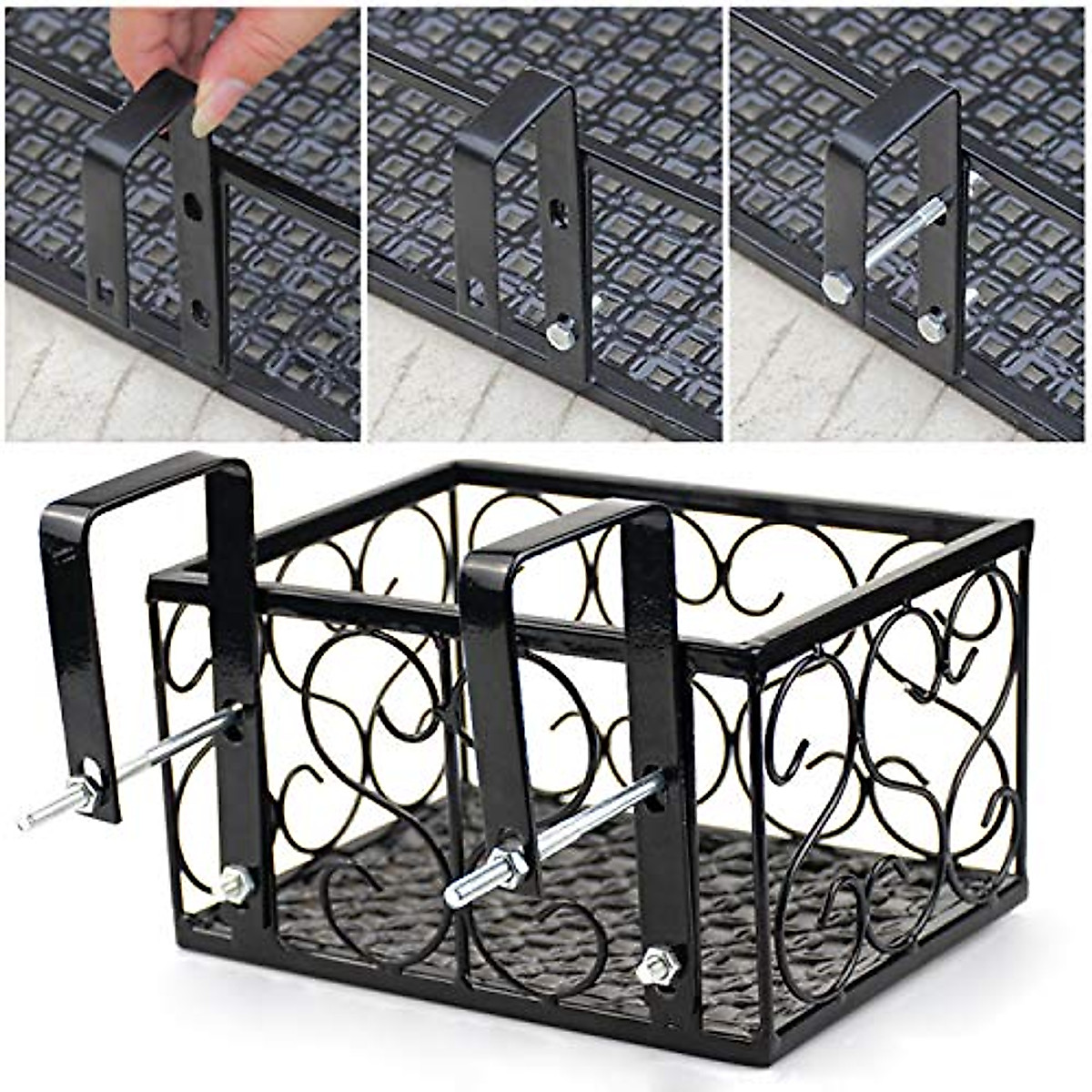 Tosnail Set of 2 Pack Rectangular Metal Railing Plant Stand, Large and Small Flower Pot Holder, Fence Planter Tray for Indoor Outdoor Use - Black