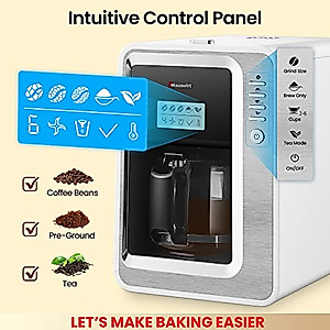 HAUSWIRT Coffee Maker with Grinder, Grind and Brew Coffee Maker with LCD Display, Automatic Drip Coffee Machine with Grind Size and 2 to 6-Cup Settings, Compatible for Bean Ground Coffee and Tea