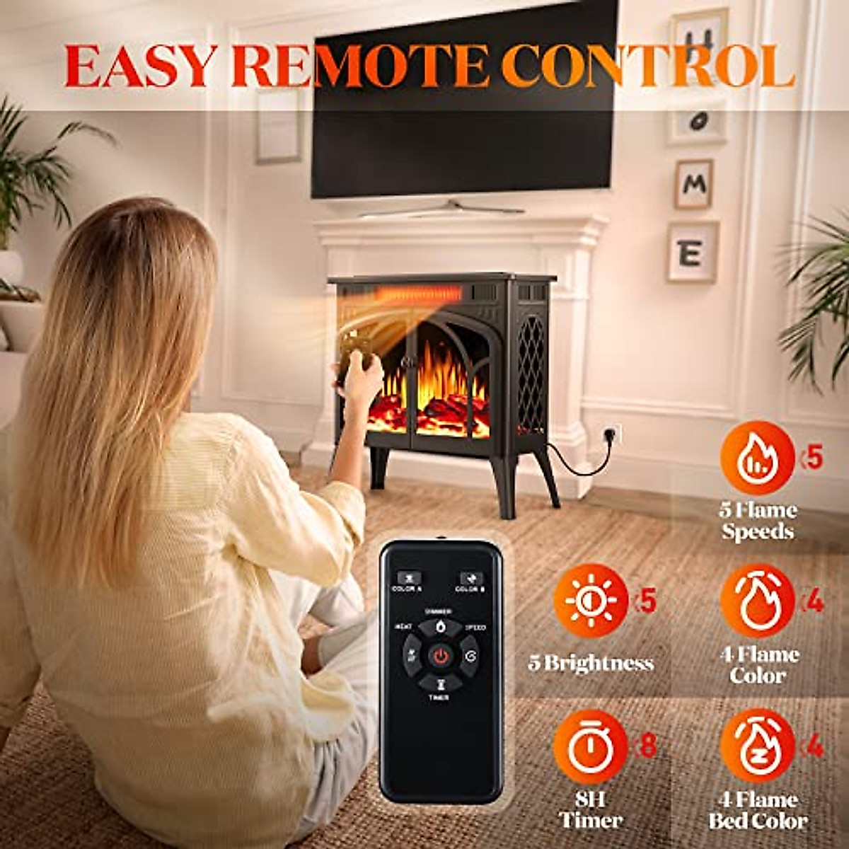 Rintuf Electric Fireplace Heater, 1500W Infrared Fireplace Stove with 3D Flame Effect, 5100BTU Electric Fireplace with Remote Control, Ideal for Indoor Outdoor Home Use