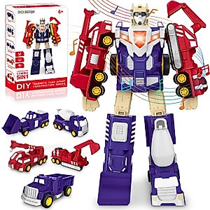Bakatatoyz 5 in 1 Transform Robot Toy Car, Construction Toy for Boy Toddler Kid, 5 Pull Back Truck Assemble Into Robot Action Figure with Light & Sound, Magnetic Take Apart STEM Toys Birthday Gift
