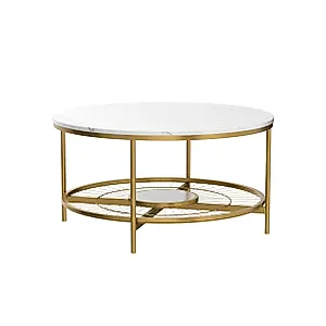 Round Coffee Table for Living Room, Modern Coffee Table with Sun Shape Circle Open Storage,Marble Wooden Tabletop and Sturdy Metal Frame, White and Gold 35.5