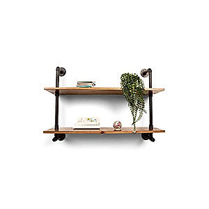 Pipe Floating Shelves, 2 Tier Wall Shelf with Towel Bar, Industrial Pipe Floating Shelves, Wall Mount Bookshelf for Bedroom, Kitchen, Living Room, Hanging Bookshelf 35.5 in L