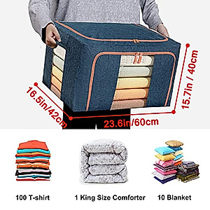 Large Capacity Clothes Storage Organizer - Stackable Storage Bags with Foldable Metal Frame, Zipper, Handles, Clear Window, Storage Container Box for Blanket Sweater Comforter Pillow,100L x 2 Pack (Navy)