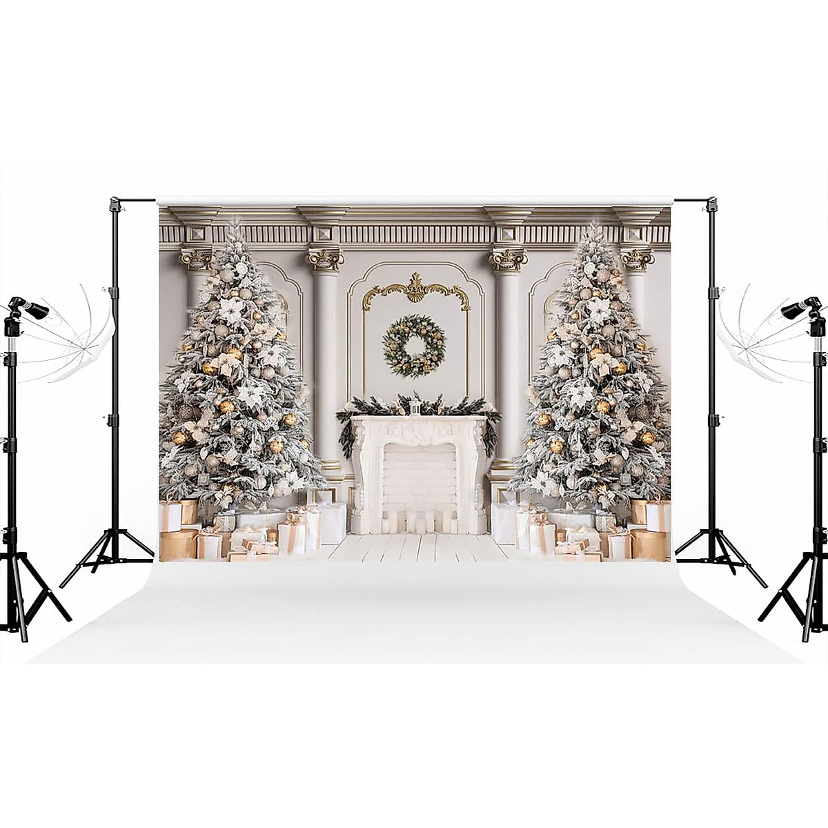 Kate 7×5ft (2.2×1.5m) Christmas Tree Photo Backdrop Xmas Palace Classic Indoor White Fireplace Gifts Decoration Photography Background for Christmas New Year Photographer Studio Props