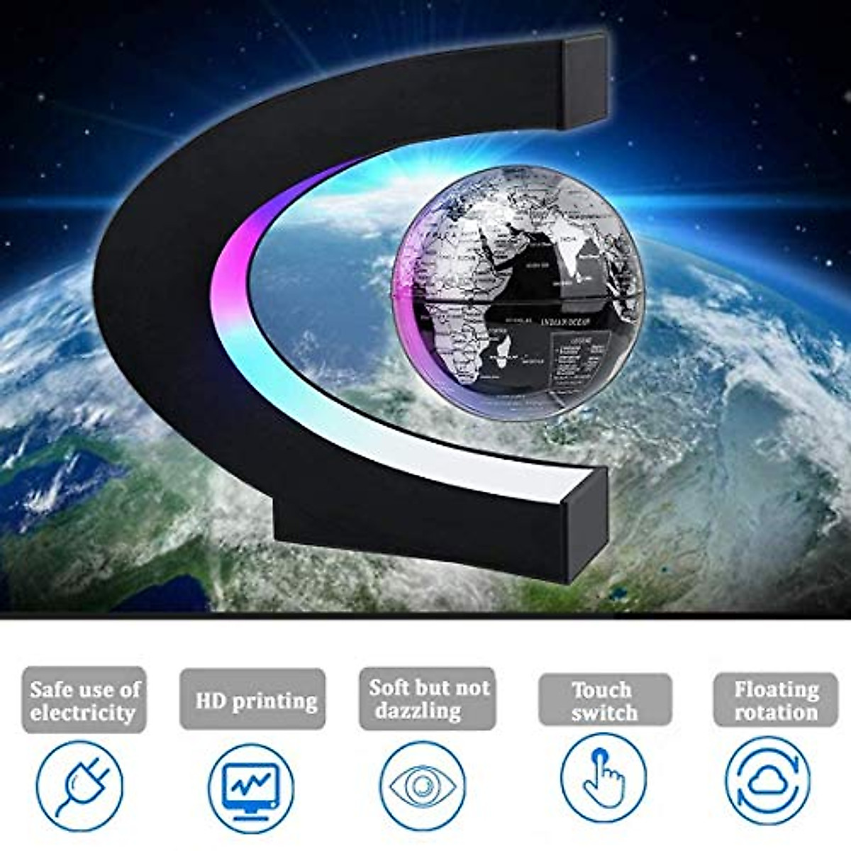 Levitating Globe Magnetic Levitation Floating Globe 4" Rotating Planet Earth Globe Ball with LED Desk Display Stand for Home Office Desk Decoration (Black) (Gold)