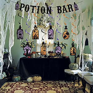 Pre-Strung Potion Bar Banner for Halloween Party Decorations with Potion Bar Hanging Swirls, Halloween Party Banner, Halloween Bar Sign Decorations for Mantel, Halloween Haunted Mansion Decorations