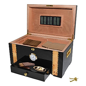 69Bourbons Exotic Cigar Humidor - Large Ebony Wood Storage Box with Spanish Cedar Wood Interior, Accessory Drawer, Exterior Hygrometer - Airtight Humidity, Removable Dividers - Cabinet for 150 Cigars