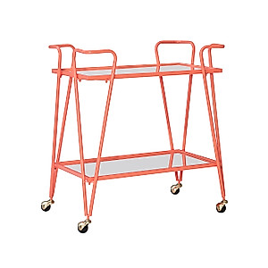 Linon Gina Coral Mid-Century Bar Cart with Mirrored Shelves and Locking Wheels