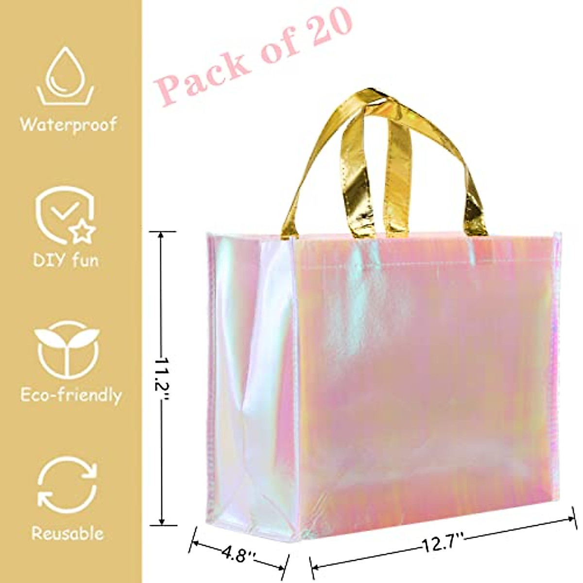 Lyellfe 20 Pieces Glossy Reusable Grocery Bag, Pink Non Woven Tote Bag with Handles, Fashionable Bridesmaid Gift Bag, Durable Shopping Bag for Wedding, Bachelorette Birthday Party