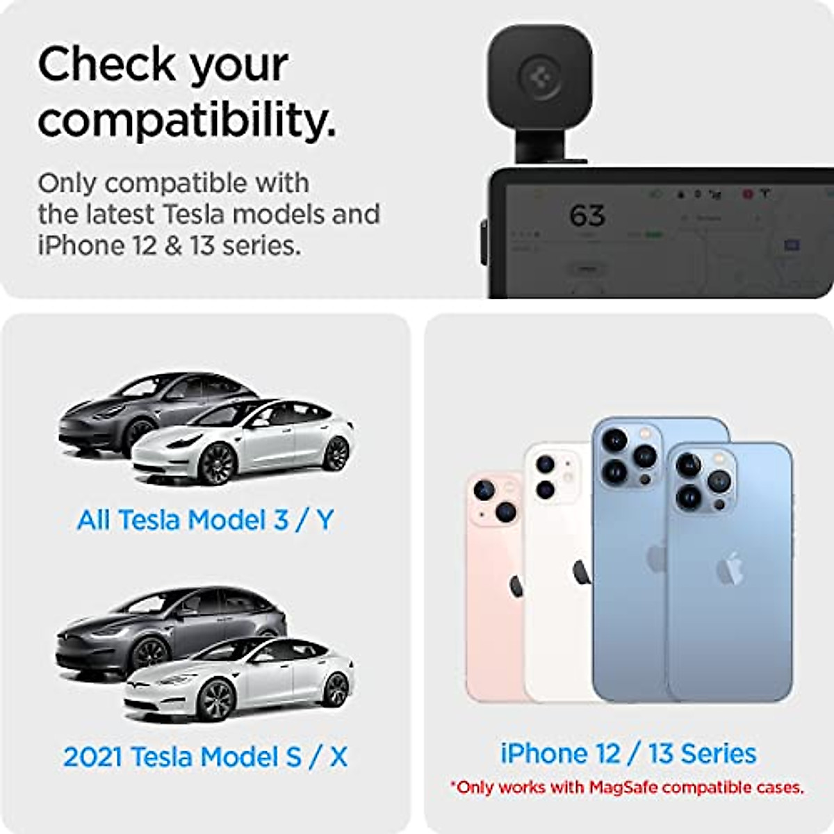 Spigen OneTap Designed for Tesla MagSafe Car Mount Compatible with Model 3/Y/S/X, Ford Mustang Mach-E Compatible with iPhone14/13/12