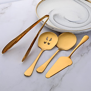 TUPMFG Serving Spoons Set - Stainless Steel Serving Utensils Includes Serving Spoons, Slotted Spoons, Tongs and Cake Server for Buffet Party Gold