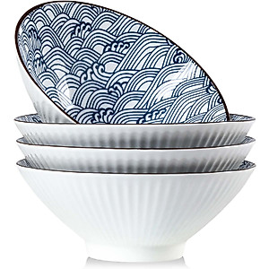 QINLANG 38 oz Japanese Ramen Bowls, Cereal Bowls, Soup Bowls, Pho Bowls, Noodle Bowls, 8 in Blue and White Ceramic Bowls Set of 4, Wave Pattern
