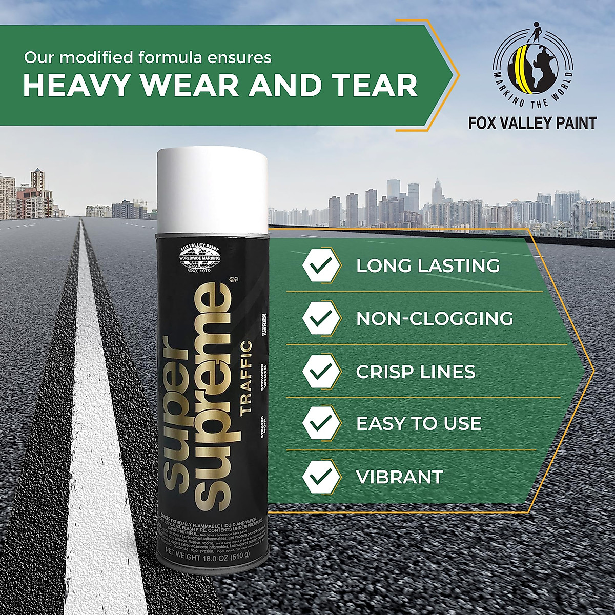 Fox Valley Super Supreme Traffic Spray Paint - Easy To Use Traffic Marking Paint Ideal For Road Lines, Parking Lot Paint - Sidewalk Paint, Warehouse & Factory Floor Paint - 18 oz (Pack of 12), White