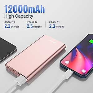 BONAI Portable Charger 12000mAh USB C Power Bank Battery Pack High-Speed 3.0A Output Compatible with iPhone 15/14/13/12 iPad Samsung Android- Pink