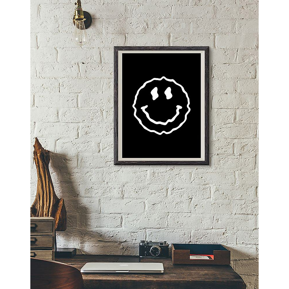PRINT UP Smiley Poster Wave Face, Trippy Room Decor, Cool Modern Funny Posters for College Dorm, Grunge Black Poster 12x16 (UNFRAMED)
