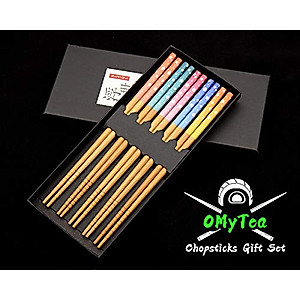 OMyTea Chopsticks Reusable - Japanese Bamboo Chopsticks 5 Pairs Gift Sets, 8.9 Inch/22.5cm, for Sushi, Ramen, Noodles, Rice, Camping, Travel (Sakura)