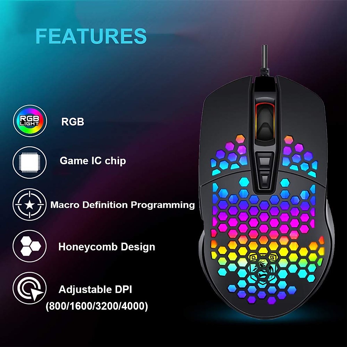 Lightweight Gaming Mouse, Honeycomb USB Wired Mouse with Backlight, 4000 DPI, RGB Computer Gaming Mouse for Mac, Laptop, PC (Black)