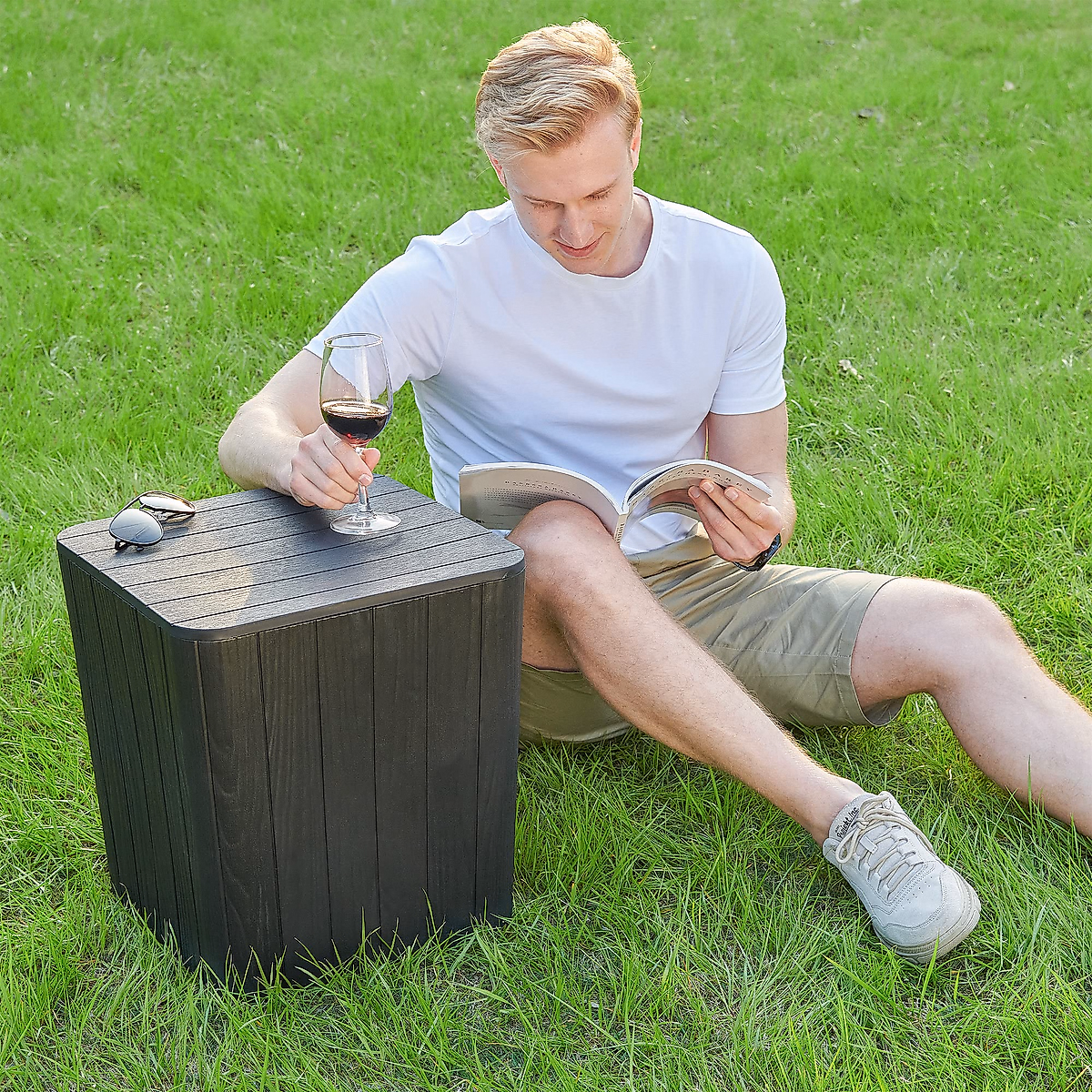 YITAHOME 11.5 Gallon Outdoor Side Table with Storage Small End Table for Coffee, Patio Decor,Cushions(Black)