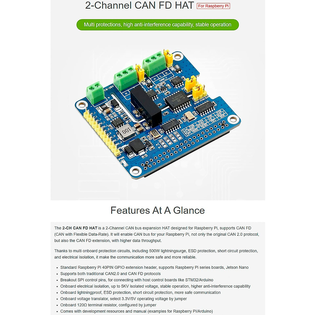 2-Channel Isolated CAN FD Expansion HAT for All Raspberry Pi, Support CAN2.0 and CAN FD Protocols,with MCP2518FD CAN Controller + MCP2562FD CAN Transceiver Onboard Multi Protection Circuits