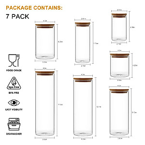 Encheng Glass Jars with Lids,Airtight Glass Food Storage Jars with Bamboo Lids,7 Pack Borosilicate Glass Pantry Storage Container for Kitchen,Pantry,Flour,Coffee,Cereal,Beans,Pasta,Powder