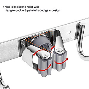 POPRUN Broom Mop Holder Wall Mount Stainless Steel Garden Tool Hanger Garage Organizer Home Kitchen Laundry Storage, 3 Racks 4 Hooks, Grey