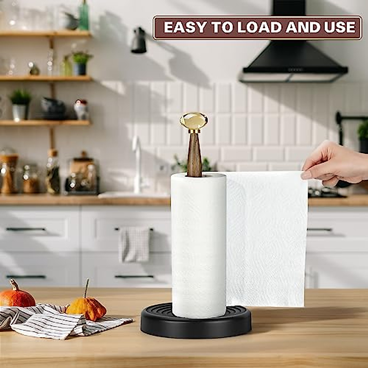 Paper Towel Holder Countertop, BESWEL Paper Towel Holder Stand, Black Weighted Base, Kitchen Towel Holder, Crystal Head, for Kitchen Bathroom