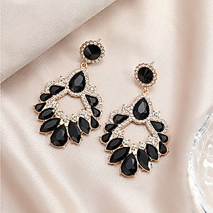 VANGETIMI Black Fashion Rhinestone Statement Drop Dangle Earrings Large Colorful Crystal Chandelier Earrings for Women Bridal Wedding Party Prom
