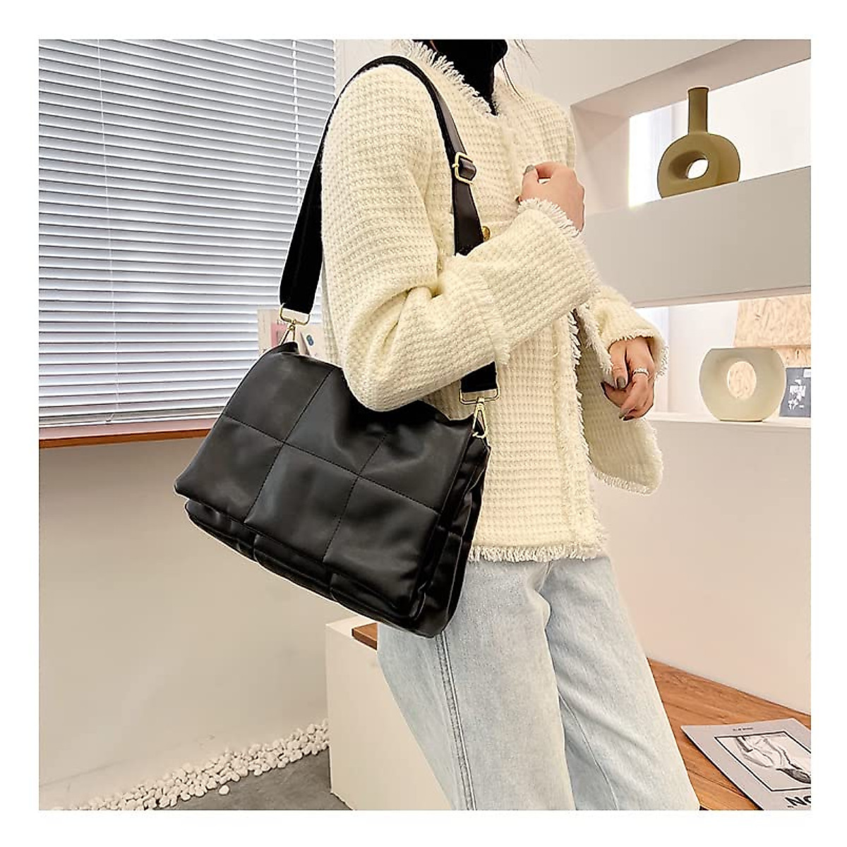 Stylish Cross-straddle Pillow Bag Women's One-shoulder Vintage Down Purse Bag Crossbody Bags for Women Y2k Bag (Black)