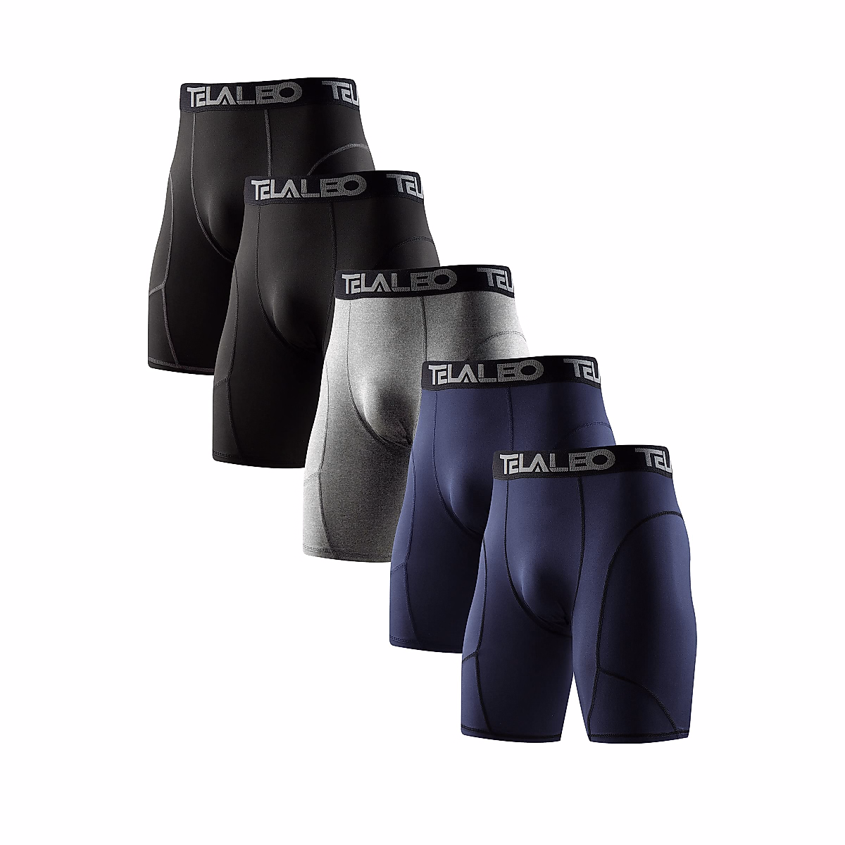 TELALEO 5 Pack Compression Shorts for Men Spandex Sport Shorts Athletic Workout Running Performance Baselayer Underwear Black/Double Blue/Double Gray M